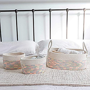 OrganiHaus Set of 3 Rainbow Nursery Storage Baskets for Shelves, Baby Changing Basket, Small Woven Baskets for Storage, Cotton Rope Basket for Toys, Basket with Handles, Round Towel Basket Bins