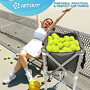 Get Out! Portable Tennis Ball Hopper Basket with Wheels - Tennis Ball Cart for 150 Racquetball, Pickleball, Baseball