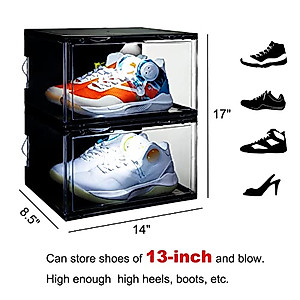 STAHMFOVER 2-Pack LED Sneakers Boxes-Voice Control,Stackable Clear Shoe Display Cases-Easy Access,Plastic Collection Storage Containers with Lids, Magnetic Open Shoe Organizer (Black)