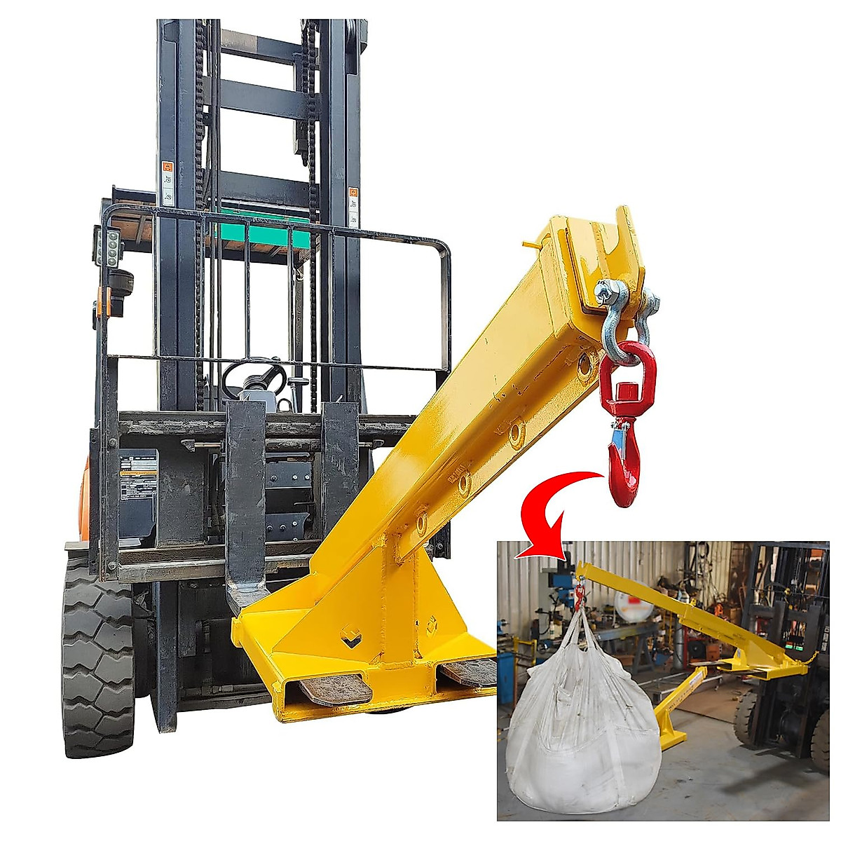 INTBUYING Adjustable Forklift Jib Boom Crane, Lifting up to 4400LB/2T, with a Mobile Crane Hoist and Truss Hook Extension Attachment Ranging from 63-98in, for Forklift Towing and Handling Equipment