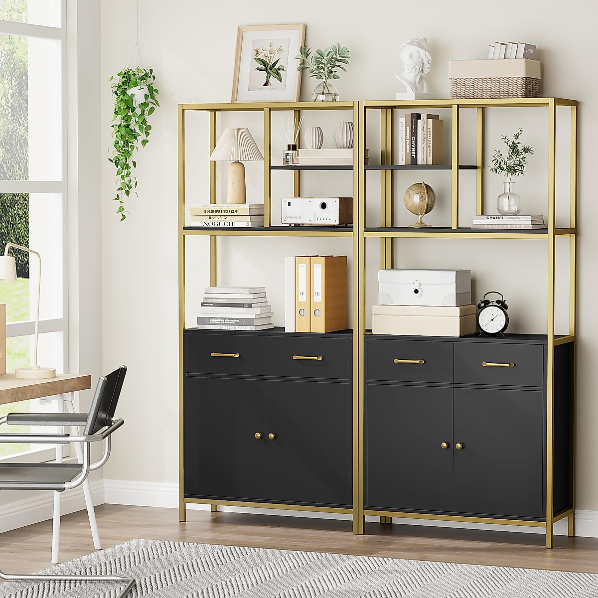 HITHOS 71" Tall Bookshelf, Modern White and Gold Bookcase, Book Shelves with Drawers and Storage Cabinet, Metal Etagere Bookcase Display Shelves for Home Office, Gold/Black