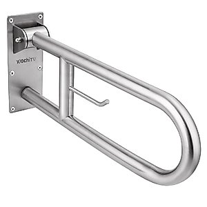 29.5 INCH Stainless Toilet Safety Rails,Disabled Flip-Up Bathroom Grab Bar with Paper Holder,Toilet Handrails Hand Grips Handle Shower Assist Aid, WochiTV Handicap Grab Bars for Elderly