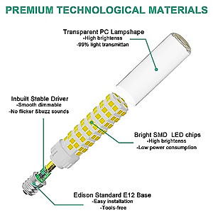 SNBIHIBE E12 Led Chandelier Light Bulbs 10W,100watt Equivalent Dimmable Bulb,6000k Daylight Candelabra Lights,110-120v Ac 1000Lm C7 T6 Bulb,No Flicker for Ceiling Fan Pendant Lighting Salt Lamp 2pcs