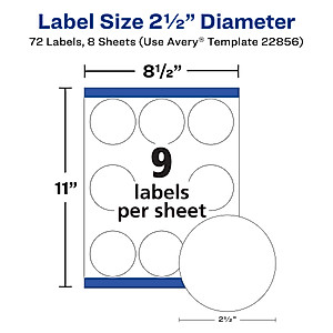 Avery Printable Waterproof Round Labels with Sure Feed, 2.5" Diameter, White, 72 Customizable Labels (22856)