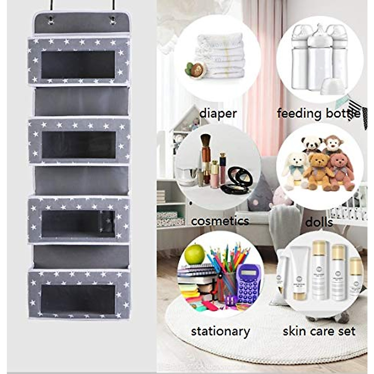 Baby Organizer Baby Over Door Organizer Nursery Closet Canbinet Baby Storage Bedroom Wall Hanging Storage 4 Clear Window Pocket Wall Mount Storage Organizer with 2 Mental Hooks