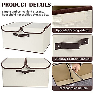 ShellKingdom Large Storage bins, 2 Set Foldable Linen Fabric Storage Cubes Organizer with Lid, Leather Handles, Removable Divider for Home, Closet, Toys, Cloth Storage Boxes - 16.5x11.8x9.8'' (Beige)