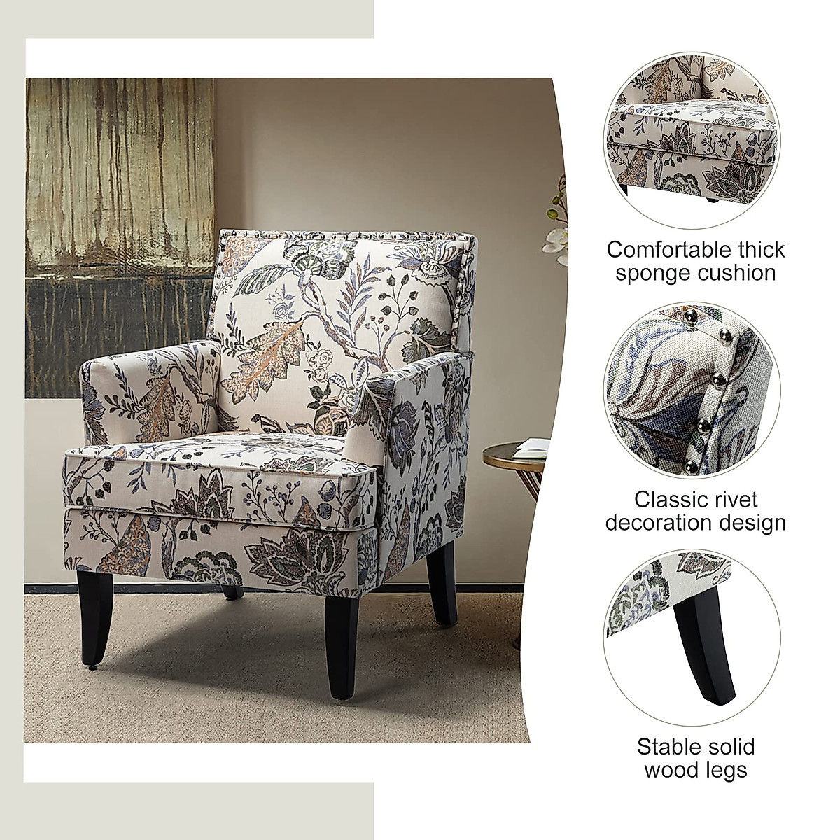 HULALA HOME Modern Accent Chair with Arms and Wooden Legs, Floral Patterned Accent Chair Armchair High Back Rest, Padded Armrest and Comfortable Cushioned Seat for Living Room (Orange Grey Floral)