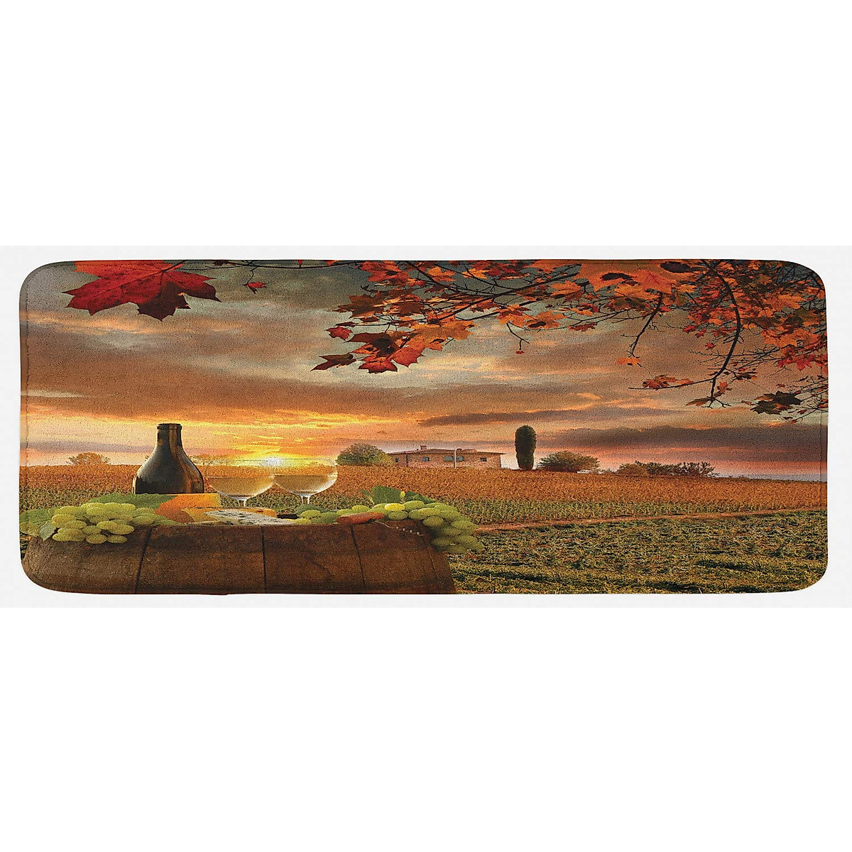 Lunarable Winery Kitchen Mat, White Wine with Cask on Vineyard at Sunset in Chianti Tuscany Italy, Plush Decorative Kitchen Mat with Non Slip Backing, 47" X 19", Apple Green