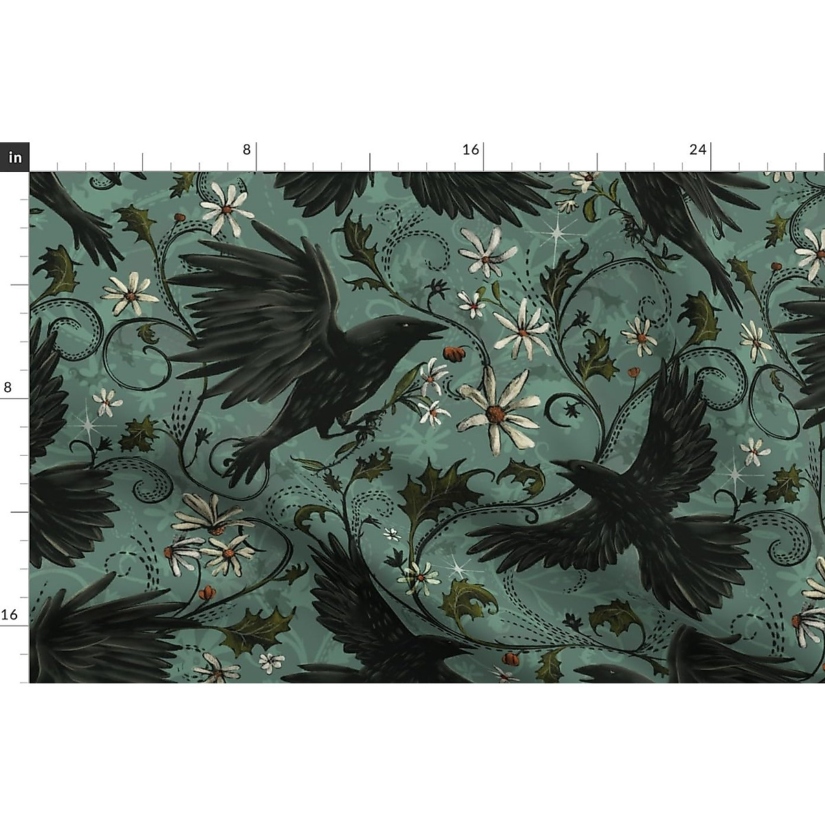Spoonflower Fabric - Gothic Ravens Autumn Floral Halloween Bohemian Magic Dark Moody Corvid Printed on Denim Fabric by The Yard - Bottomweight Apparel Home Decor Upholstery