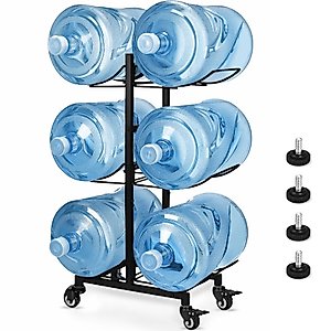 5 Gallon Water Bottle Holder with 4 Wheels, Heavy Duty Foldable Water Jug Stand 3-Tier Movable 5 Gallon Water Jug Holder Water Dispenser Rack for 6 Bottles, Black