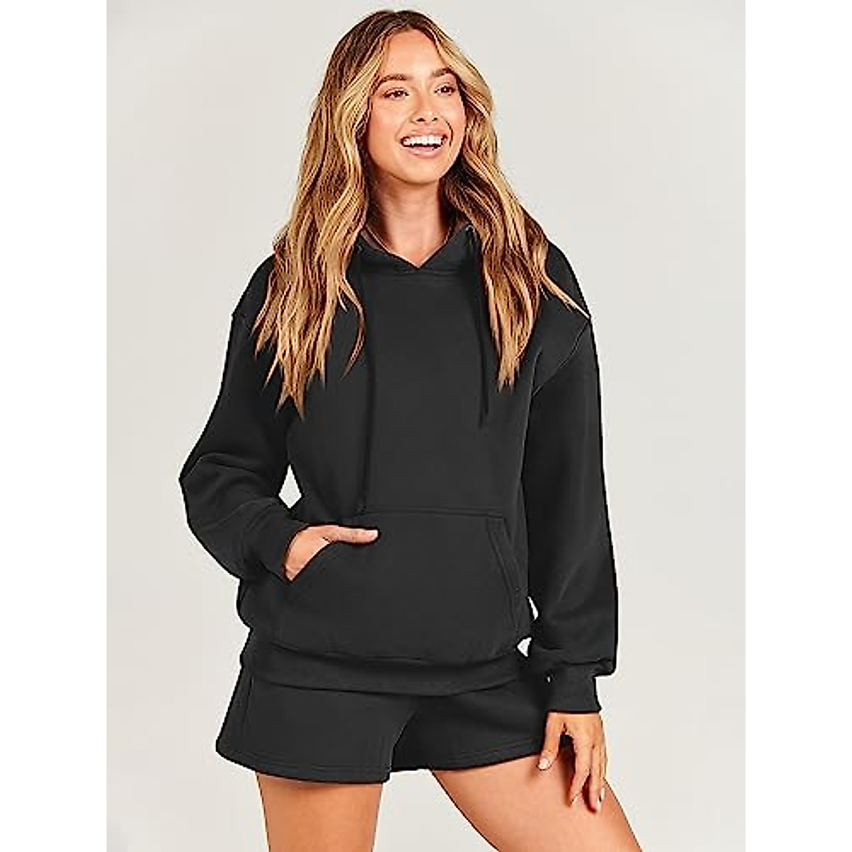 ANRABESS Women 2 Piece Outfits Sweatsuit Set 2023 Fall Two Piece Short Sweat Set Oversized Hoodie Sweatshirt Casual Tracksuit Casual Lounge Matching Set 1048heise-M