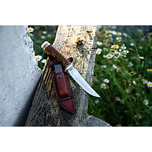 Uncle Henry 153UH Next Gen Golden Spike Knife with 5in High Carbon S.S. Fixed Blade, Staglon Handle, Sharpening Stone, and Leather Belt Sheath for EDC, Hunting, Survival, Camping, and Outdoors