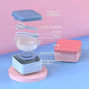 Silicone Suction Bowl For Toddlers Baby Suction Cup Food Container for Snack Oatmeal Outdoor Kids Tableware Auxiliary Scissors And Spoon And Fork 5 Piece (Blue) (Pink)