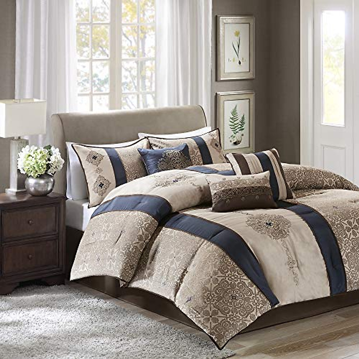 Madison Park Comforter Faux Silk-Traditional Luxurious Jacquard Design All Season Set, Matching Bed Skirt, Decorative Pillows, King(104"x92"), Navy 7 Piece