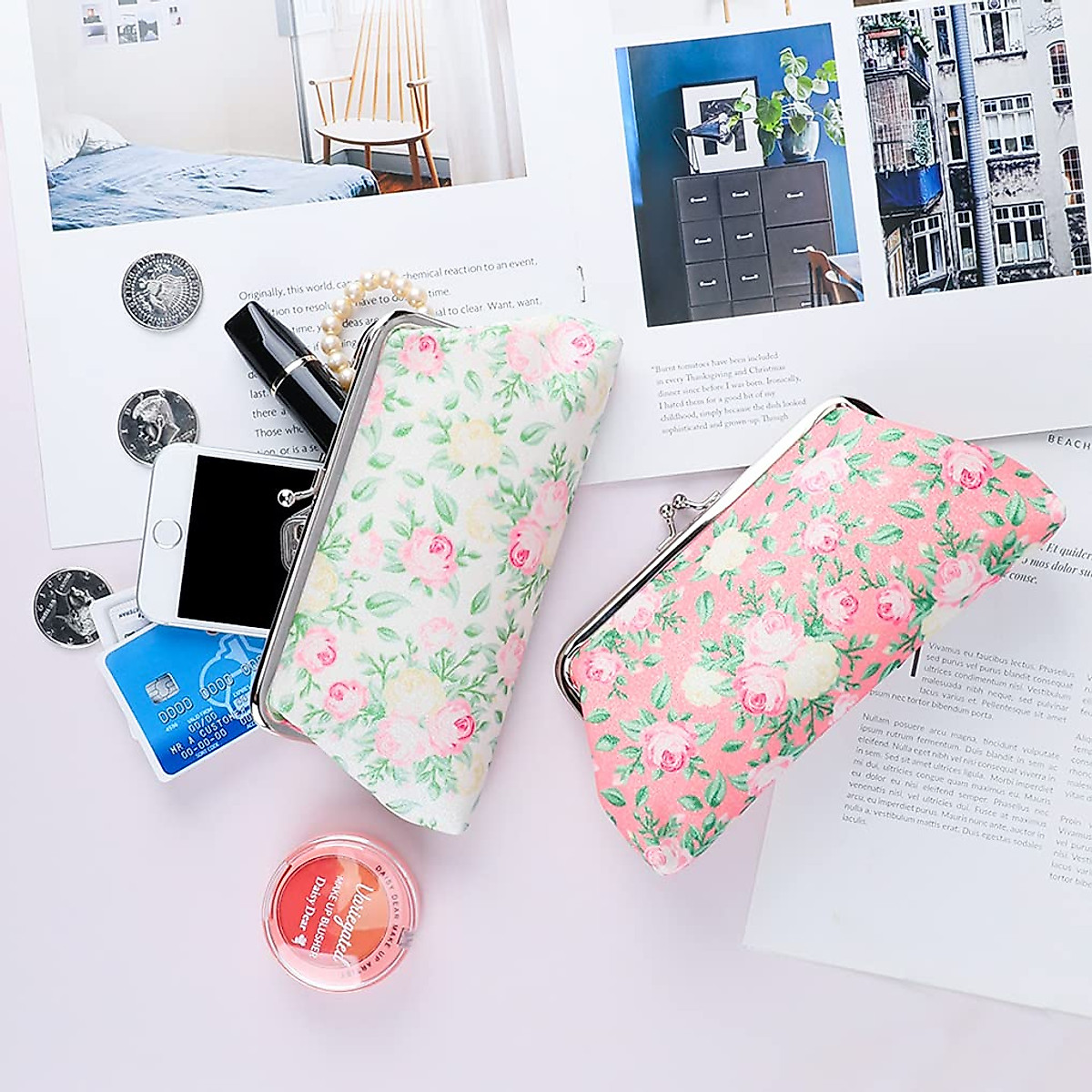 Oyachic 2 Pcs Large Coin Purse,Floral Change Purse,Vintage Wallet,Long Coin Pouch,Coin Wallet with Kiss Lock Clasp for Women Girls