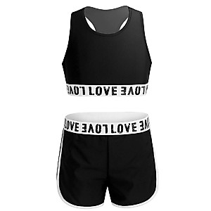 Moily Girls Two Piece Athletic Outfit Sports Bra Crop Top with Booty Shorts for Gymnastics/Dance/Workout Racer Black 7-8 Years
