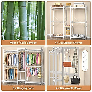 Homykic Bamboo Clothes Rack, Large Closet System Clothing Rack for Hanging Clothes, Freestanding Garment Rack with Shelves and 5 Rods, Open Wardrobe Organizer with 4 Hooks, 70”Wx77”H, White