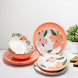 Zak Designs Melamine Dinnerware Set, 12-Piece, Service for 4, Blossom (Apricot)