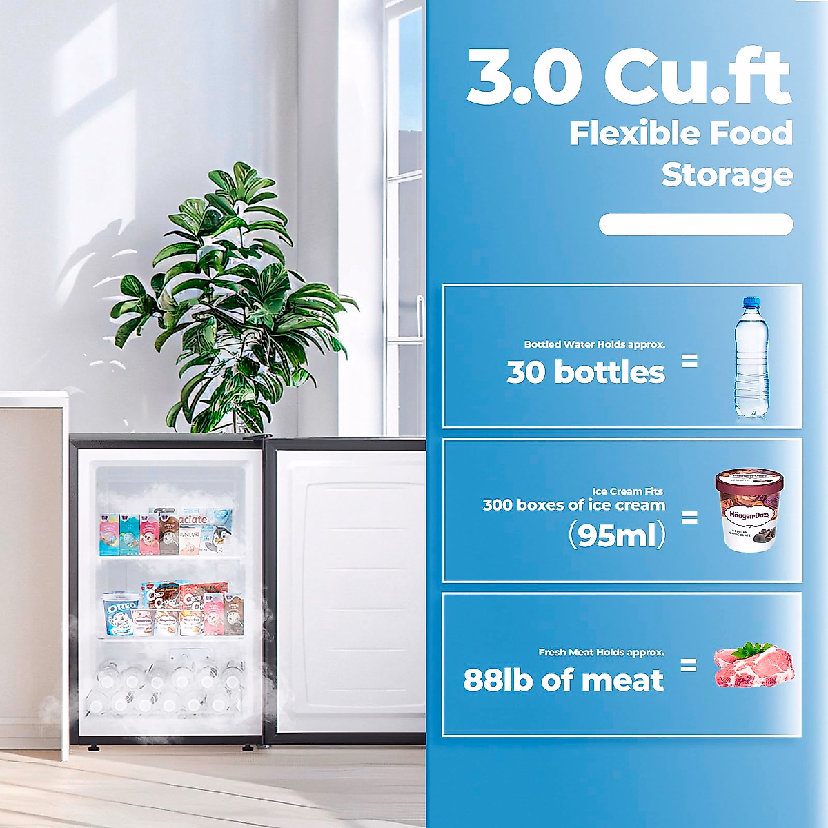 Electactic 3.0 Cu.ft Upright Freezer, Small Mini Freezer with Adjustable Thermostat, Removable Shelves, Reversible Single Door, for Bedroom/Home/Dorms/Apartment (Stainless Steel)