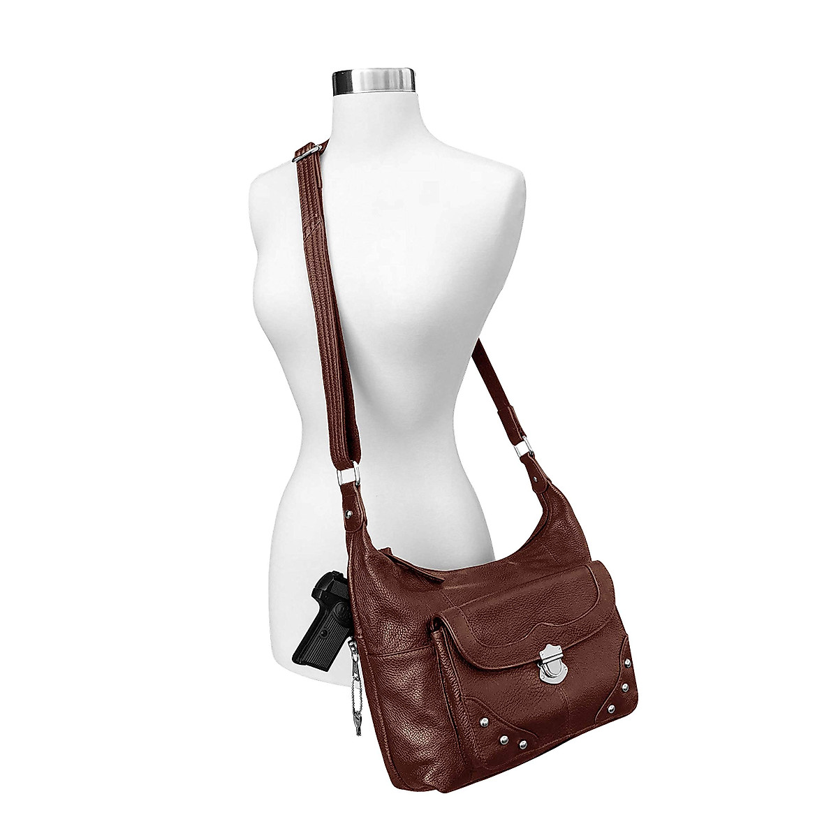 Roma Leathers Concealment Purse - Premium Cowhide Leather - Brown - Studded - Dual Gun Entry - Adjustable Shoulder Strap - Designed in USA - 30 Day Manufacture Guarantee