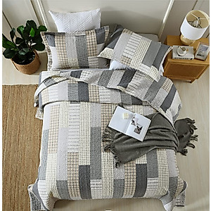 Qiqiong Quilt King Size,Patchwork Quilt Bedding Set 100% Cotton Plaid Bedspread King Size Lightweight Coverlet Comforter Set Quilted Bedspreads All Season,Gray/Charcoal/Cream/Beige 3 Pieces