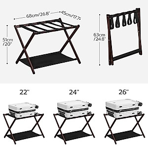 HOOBRO Luggage Rack, Folding Bamboo Suitcase Stand with Storage Shelf and Nylon Straps, 26.8" L x 17.7" W x 20" H, for Guest Room, Hotel, Bedroom, Holds up to 110 lb, Brown and Black BR07XL01
