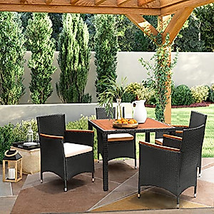 Flamaker 5 Piece Patio Dining Set Outdoor Acacia Wood Table and Chairs with Soft Cushions Wicker Patio Furniture for Deck, Backyard, Garden