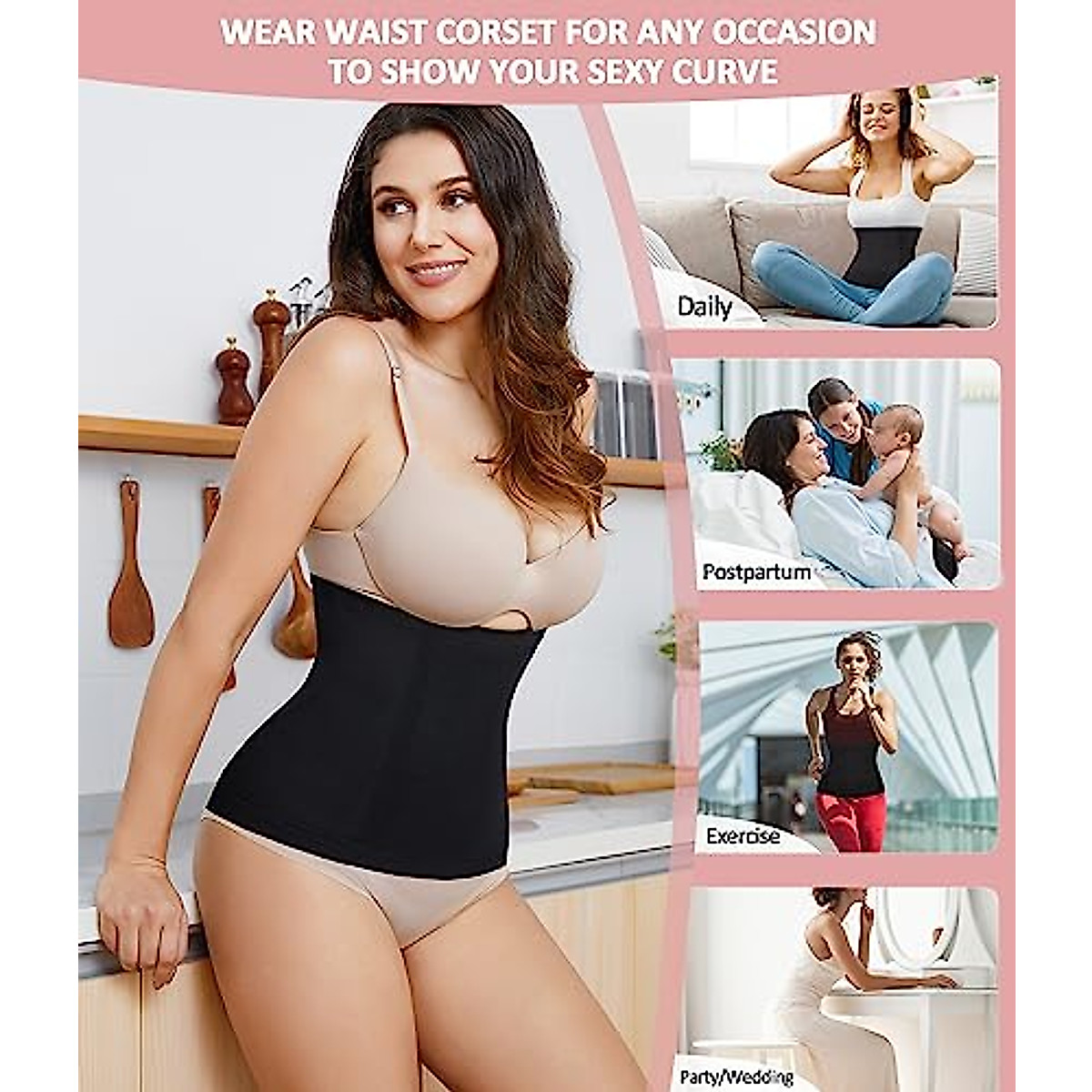 AOSBOEI Women Waist Trainer Shapewear Tummy Control Waist Cincher Sport Girdle Body Shaper Postpartum Recovery Belt (Large-X-Large) Black