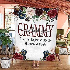 Grandma Grammy Floral Fleece Blanket Customized Grandkids Names, Personalized Grandma Blanket Gift for Grandma Nana Mimi from Grandkids We Love You Grandma Blanket On Birthday Mothers Day