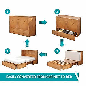 BALUS Cabinet Bed with Queen Size Mattress, Modern Murphy Bed with USB Charging Station, Foldable Tray Tables, Storage Drawer - Cherry Red