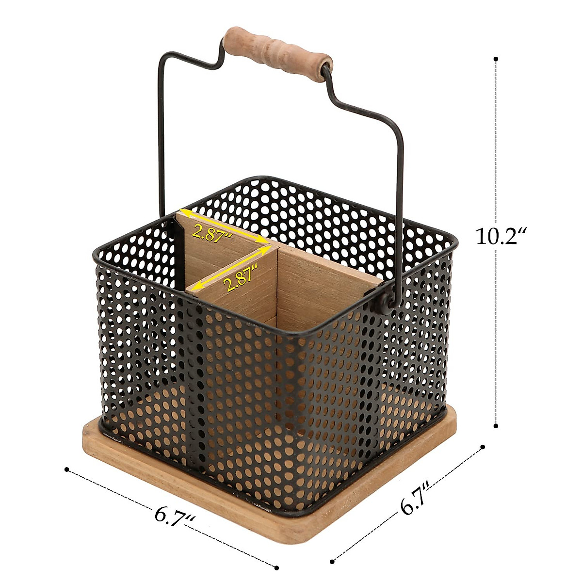 NIKKY HOME Utensil Caddy, Black Metal Caddy with 3 Compartments, Mesh Flatware Holder Organizer with Wooden Handle Perfect for Home, Kitchen, Countertop, Party, Camping, Outdoor and Restaurant