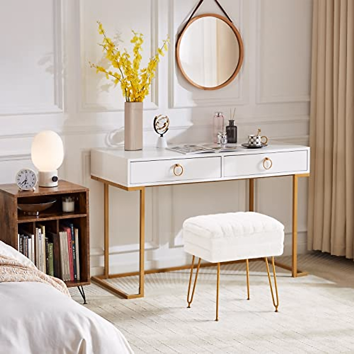 Soohow Faux Fur Vanity Chair - Storage Ottoman with Metal Legs, Perfect for Makeup Room, Living Room, Bedroom