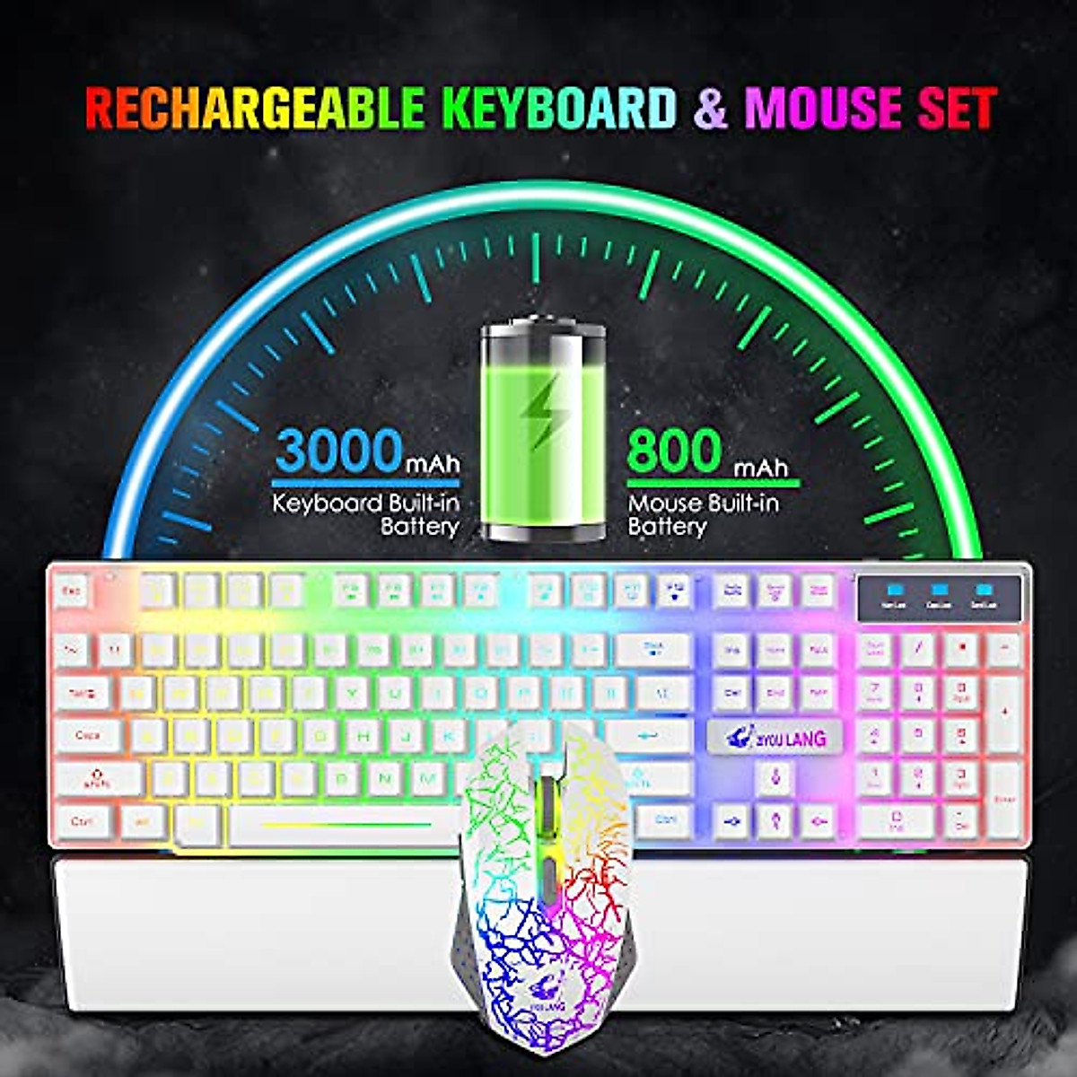 Rechargeable Wireless Keyboard and Mouse Combo with Wrist Rest Rainbow Backlight Mechanical Feel Gaming Keyboard RGB Crack Gamer Mouse Large Mice Pad for Windows PC and Desktop