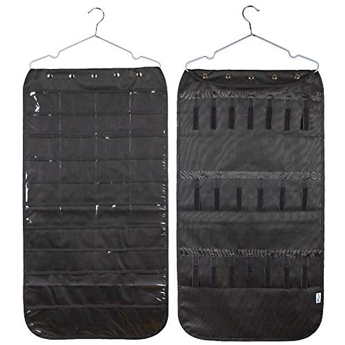 Hanging Jewelry Organizer Double Sided 40 Pockets & 20 Magic Tape Hook Storage Bag Closet Storage for Earrings Necklace Bracelet Ring Display Pouch (Black)