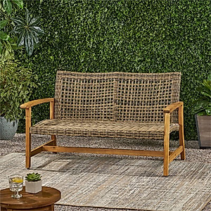 Great Deal Furniture Marcia Outdoor Wood and Wicker Loveseat, Natural Finish with Gray Wicker