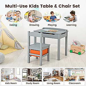 HONEY JOY Kids Table and Chair Set, Wooden Lift-Top Desk & Chair with Storage, Safe Hinged Lid, Activity Table Set for Craft Art, 2-Piece Children Furniture Set for Daycare, Kindergarten (Gray)