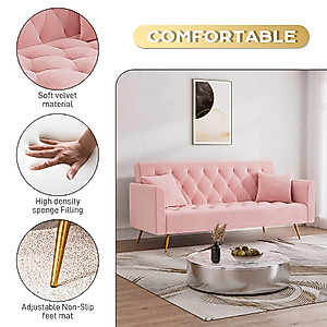 DAMAIFROM 71" Velvet Futon Sofa Bed, Modern Convertible Sleeper Sofa Loveseat, Tufted Futon Couch with Metal Legs for Small Living Room Office Bedroom, Pink