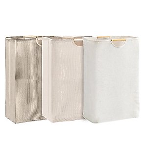 3-Pack 65L Collapsible Laundry Basket with Wooden Handles, Ideal for Tidying Clothes, Blankets and Toys,Laundry Hamper Perfect for Bedroom, Bathroom, and Living Room Organization (Striped Set)