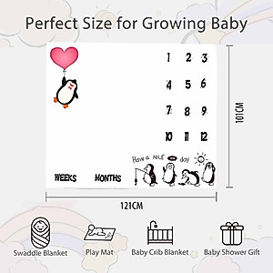 Penguin Baby Monthly Milestone Blanket, 48x40in Soft Flannel, Red Love Heart, Newborn Mom Gifts, Baby Shower Age Growth Tracker with Bonus Maker BTYYSS31