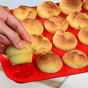 SJ European LFGB Silicone Muffin Pan Baking Trays, 2-Pack, 12-Cup & 24-Cup Cupcake Pans Silicone Baking Molds, Red, Non-Stick & BPA Free