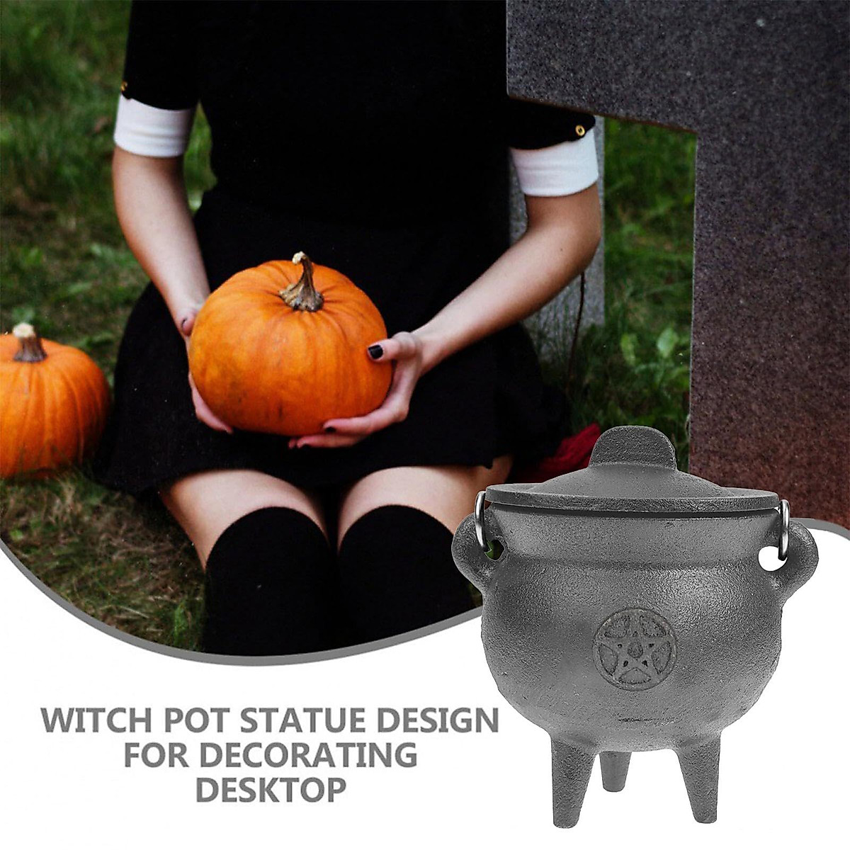 Cast Iron Cauldron with Lid and Carry Handle, 4 Inch Halloween Witch Pot for Spells, Smudging, Ritual & Blessings | Halloween Decoration Or Incense Burning