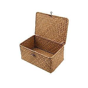 Sobotoo Wicker Storage Box with Lid, Natural Hand-woven Rattan Storage Box, Rectangular Household Organizer Boxes Shelf Wardrobe Organizer (XL)
