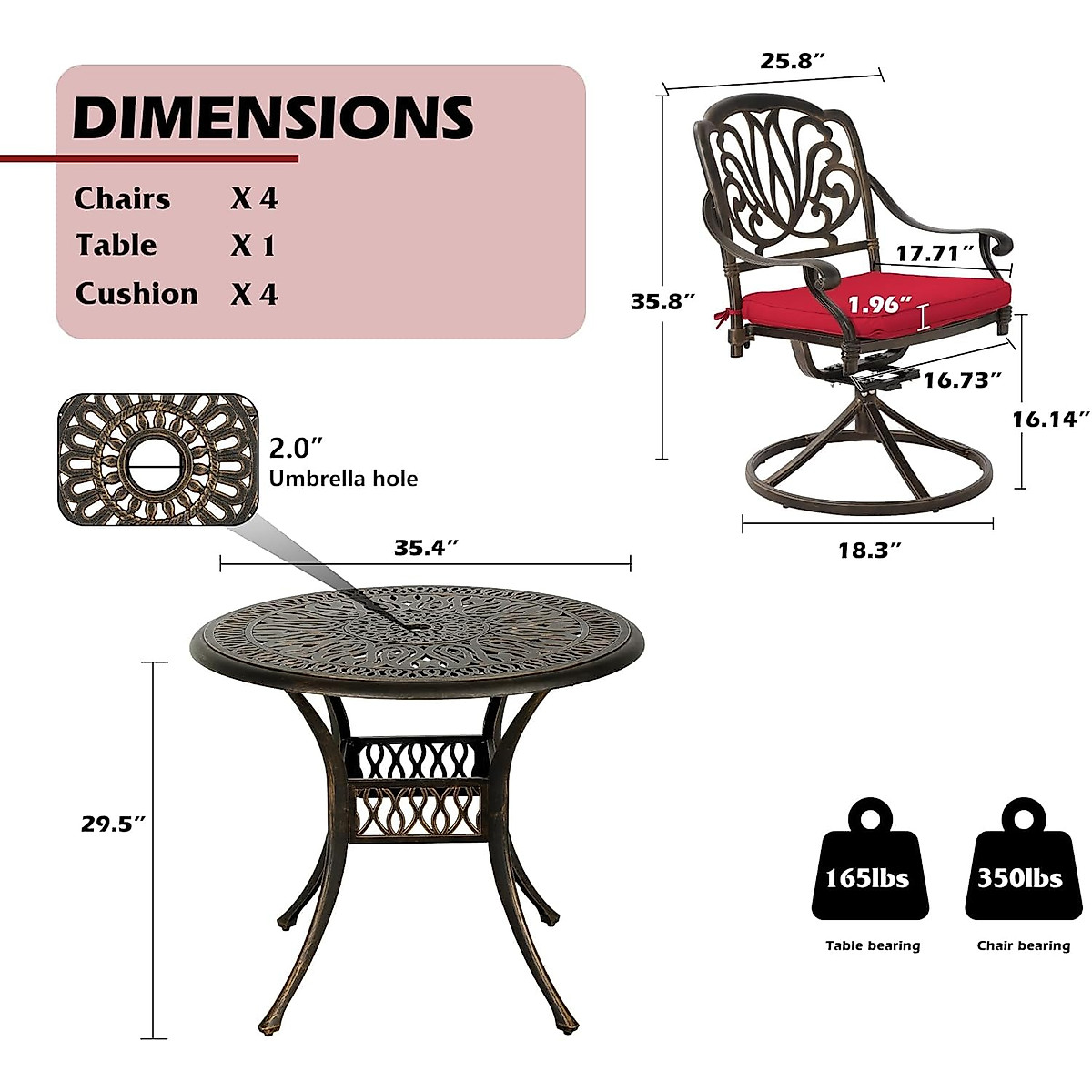 MAIBH Outdoor 5 Piece Cast Aluminum Bistro Set, Patio Table and Swivel Rocker Chairs Set of 4, Metal Patio Furniture Set with Umbrella Hole (35.4''Dia x 29.5''H, Lotus Pattern B) (Red)