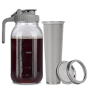 Cold Brew Mason Jar iced Coffee Maker, Durable Glass, - 64 oz (2 Quart / 1.9 Liter), With Handle& Stainless Steel Filter for Iced Brew Coffee, Lemonade, Ice Tea, Homemade Fruit Drinks Container