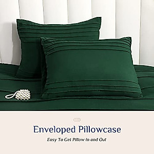 Argstar 3 Pieces Pleated Duvet Cover Queen Set, Forest Green Boho Textured Duvet Cover, 100% Washed Microfiber Soft Striped Comforter Cover With Zipper & Ties (1 Dark Green Duvet Cover, 2 Pillowcases)