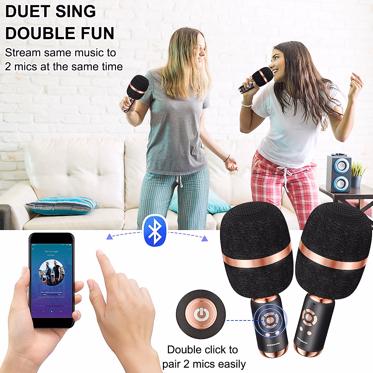 BONAOK Wireless Bluetooth Karaoke Microphone, Portable Mic Singing Machine for PC/All Smartphones Home Party Indoor Outdoor Q3(Gray)