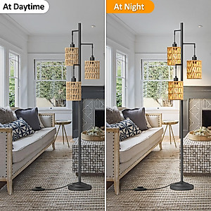 CNXIN 3-Lights Rattan Floor Lamps with ON/Off Foot Switch Tree Standing Lamp with Wood Rattan Lampshades Boho Floor Lamp Tall Pole Lamp for Living Room Bedroom Office, 3 PCS 6W Bulbs Included