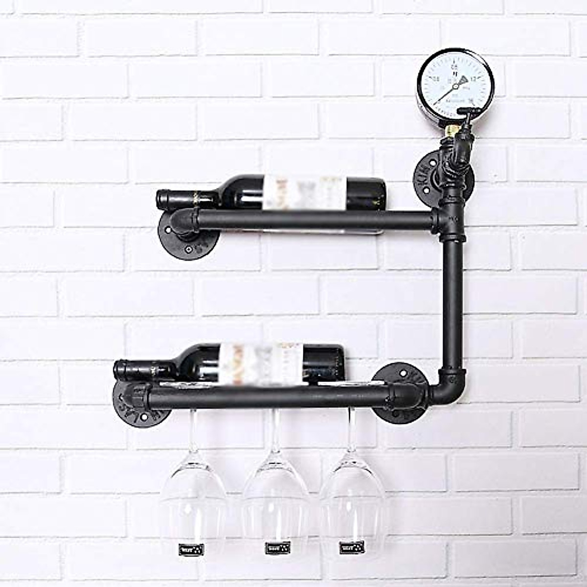 Stylish Simplicity Shelf Wall Mounted Floating Rack Wooden Industrial Style Shelf Solid Wood Iron Art Retro Display Stand with Pressure Gauge Wine Racks Restaurant Wineglass, PIBM, Black, 59x18x5
