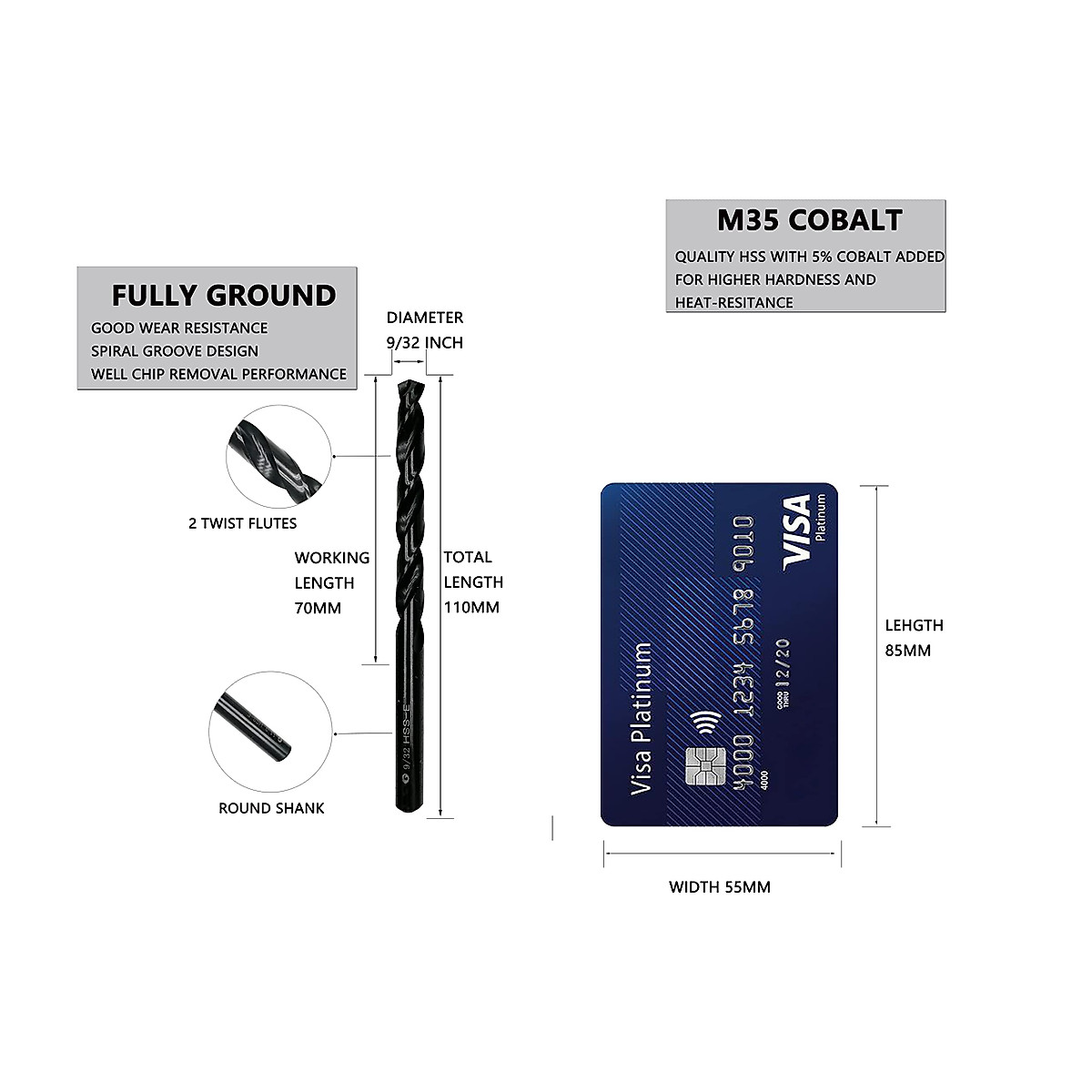 DelitonGude 9/32 inch HSS M35 Cobalt Twist Drill Bits,High Speed Steel,Pack of 5,Suitable for Steels,Cast Iron,Stainless Steels and Other hardMetals(9/32inch)