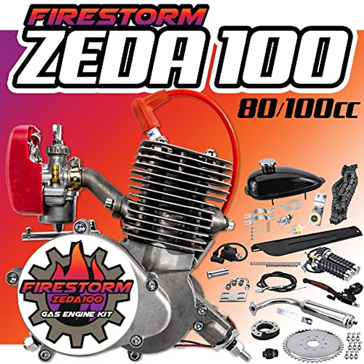 Zeda New 100 Complete 50mm Bore 2 Stroke Bicycle Engine Kit - 80cc/100cc - Firestorm Edition 48 Tooth
